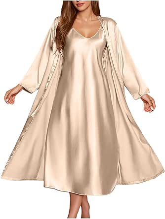 Women's Satin Nightgown and Silk Robe Flowy Kimono Bathrobe Pajamas Set ...