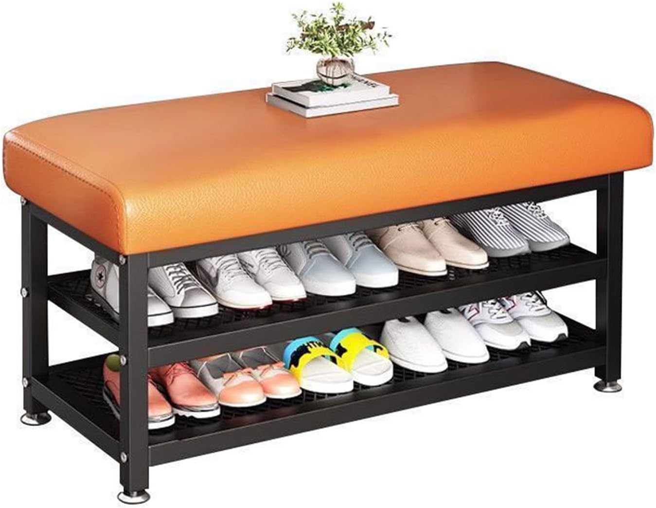 Modern 2 Tier Shoe Rack Bench with Cushion Sturdy Bedroom Organiser ...