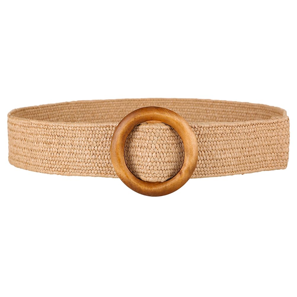 VALICLUD Elastic Wide Tan Belt Women Straw Rattan Waist Band with Wood ...