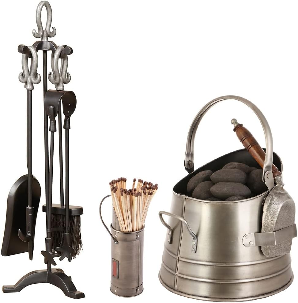 Fireplace Companion Set 5pc Silver Tool Set, Coal Scuttle Bucket ...