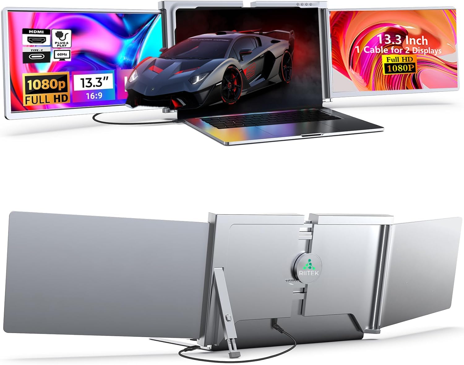 RIITEK 14” FHD 1080P Portable Tri-Screen Monitor for 15-17" Laptop with ...