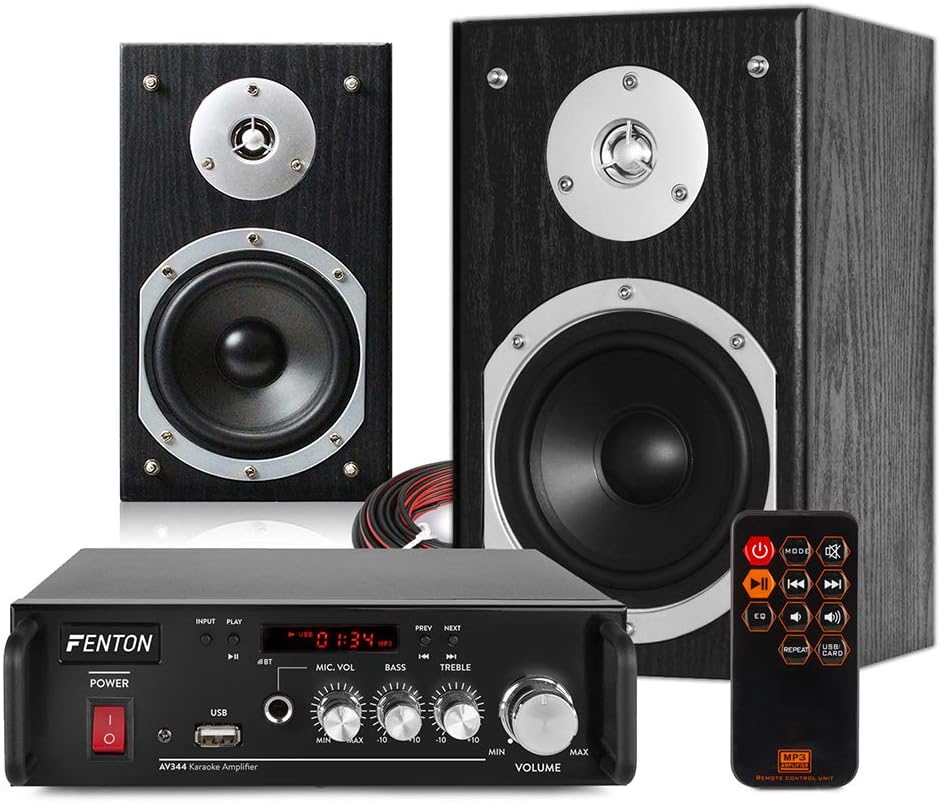 Fenton SHFB55B HiFi Bookshelf Speakers & AV344 Karaoke Amplifier Set ...