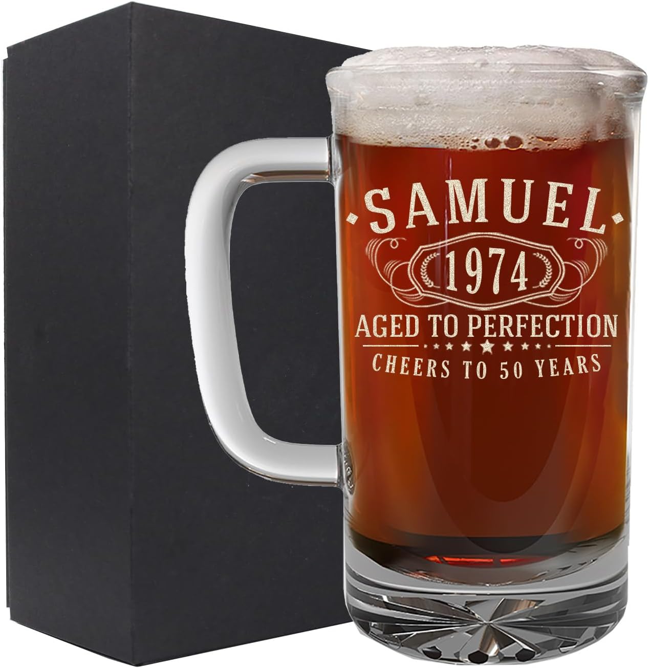 Amazon.com | Personalized Vintage 50th Etched 16oz Glass Beer Mug Stein ...