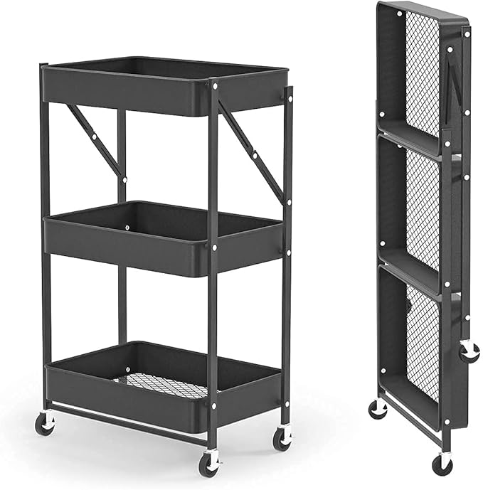 PALAKLOT 3 Tier Folding Kitchen Storage Trolley Rack with Caster Wheels ...