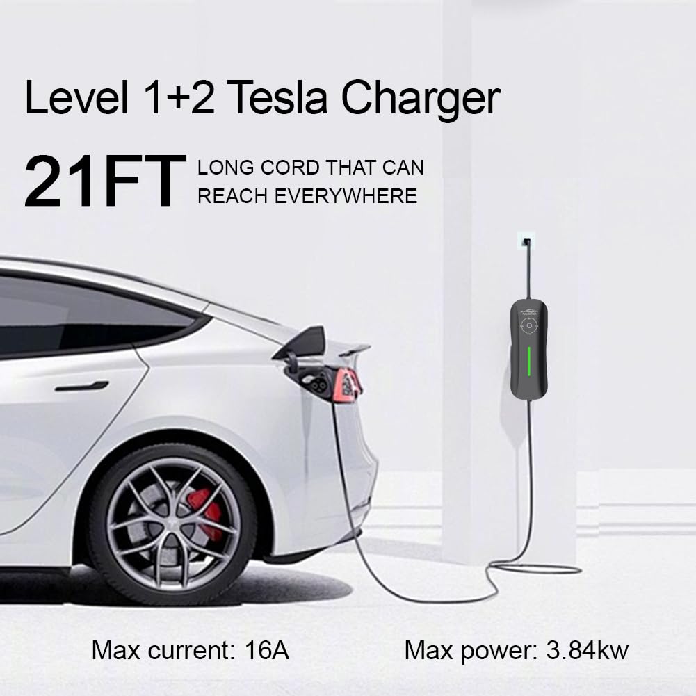 Level 1+2 Tesla EV Charger,16 Amp 120V /240V,Adjustable Plug-in ...