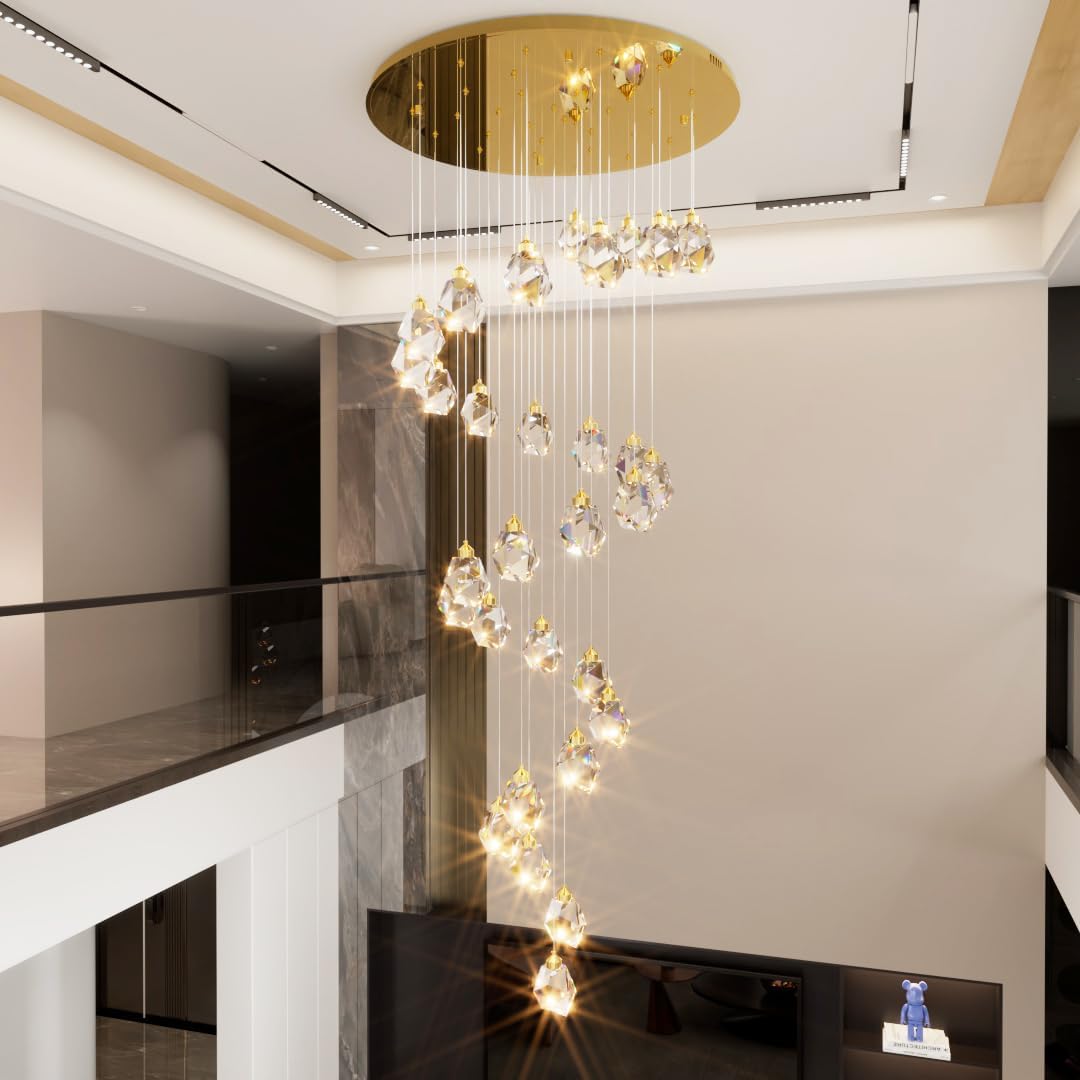 IDEQUY 32-Lights Gold Spiral Staircase Crystal Chandeliers 150 inch ...