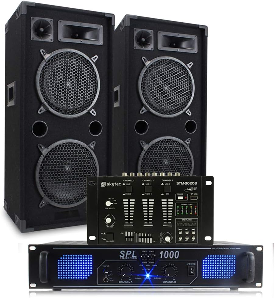Max Dual 10" Passive DJ Speaker and Amplifier System with Skytec Mixer ...