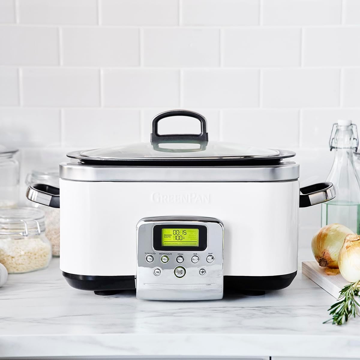 GreenPan Slow Cooker Cloud Cream, 6L Dishwasher safe pot, Vibrant LCD ...