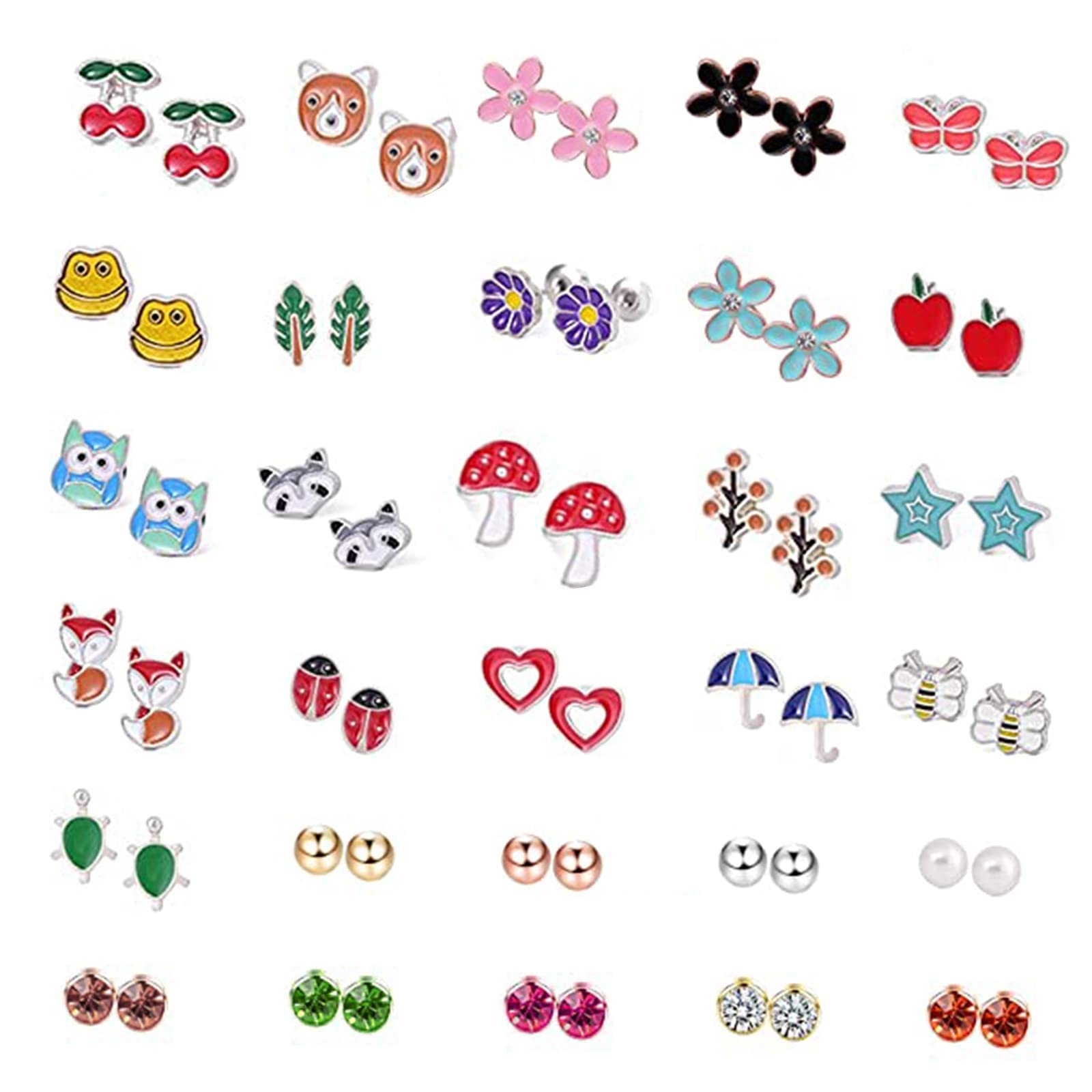 30 Pairs Girls Earrings Set, Hypoallergenic Stainless Steel Cute Stud ...
