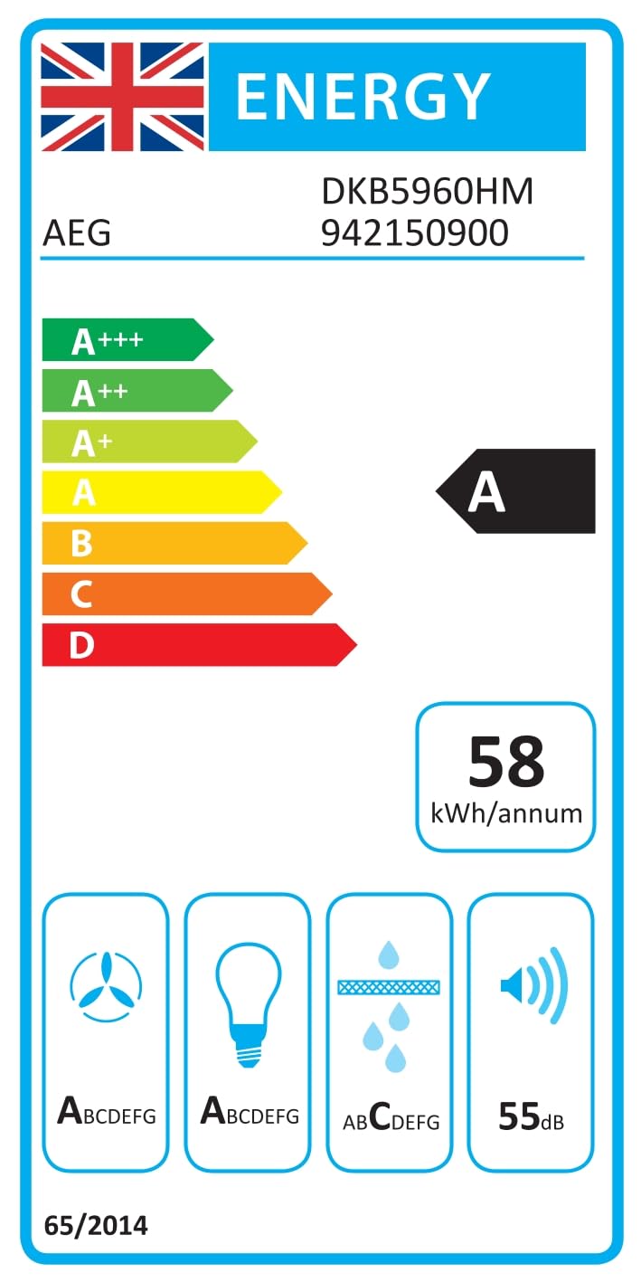 AEG 6000 Series Wall Mounted Chimney Cooker Hood DKB5960HM, 90cm, LED ...