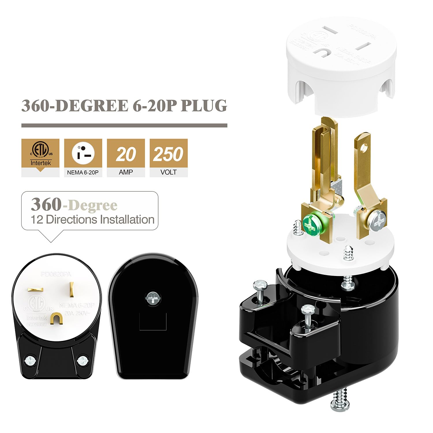 Snapklik.com : USA 3-Prong Male AC Plug, Right Angle ETL Nema 6-20P 3 ...