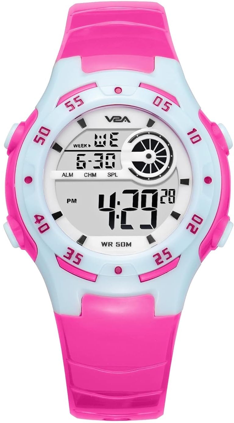 V2A Resin Digital 5Atm Waterproof Pink Sports Watch for Girls With Blue ...