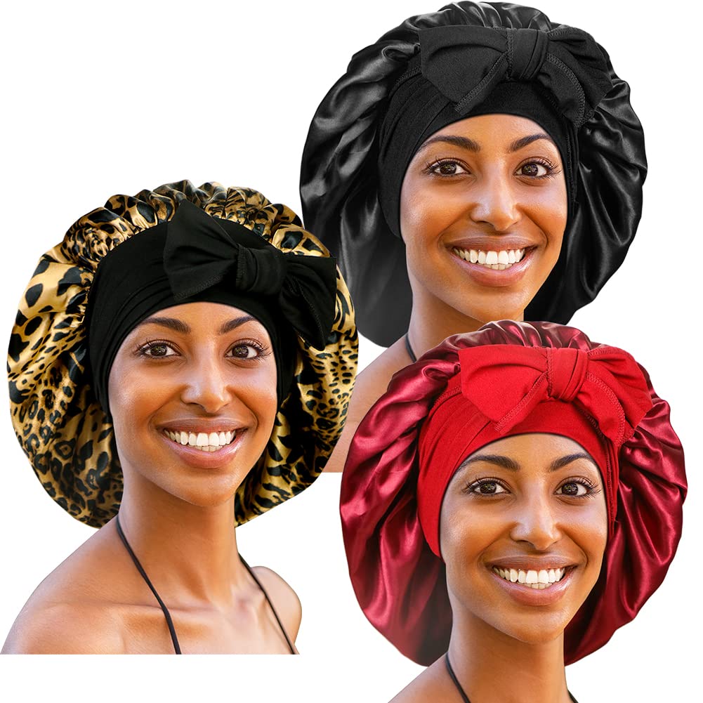 Amazon.com : 3 PCS Silky Sleep Bonnet with Adjustable Wide Elastic Tie ...