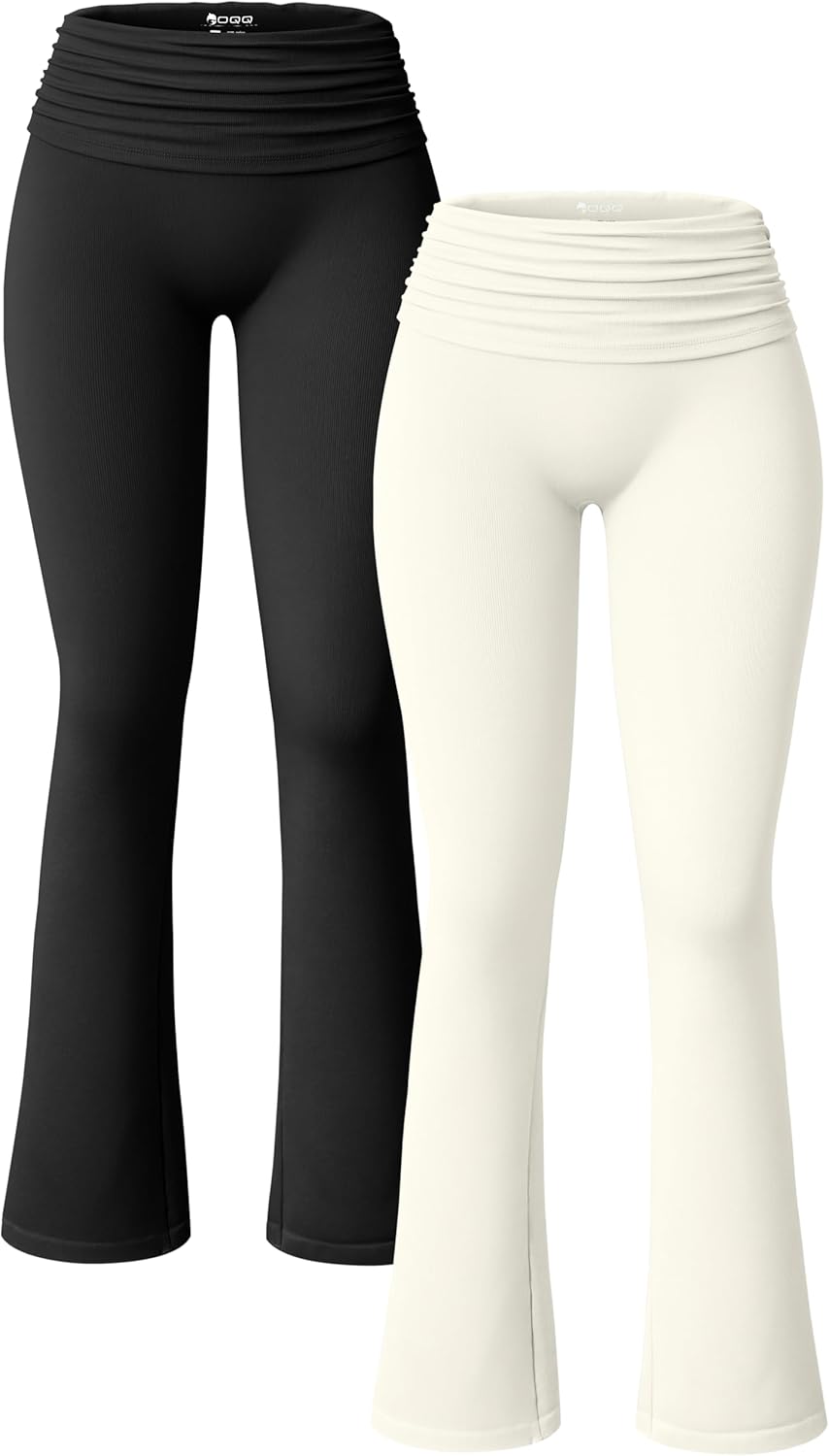 OQQ Women's 2 Piece Flared Pants Ribbed Fold Over Kick Ruched Stretch ...