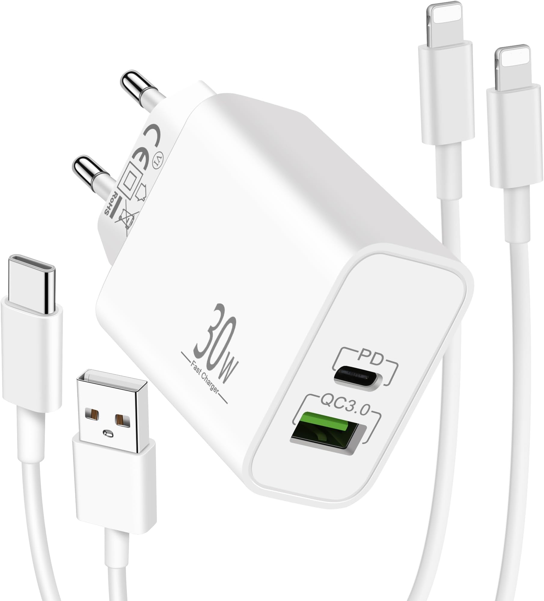 LUOSIKE Chargeur iPhone 30W et 2X Câble 2m, Prise Adaptateur Secteur 2 ...