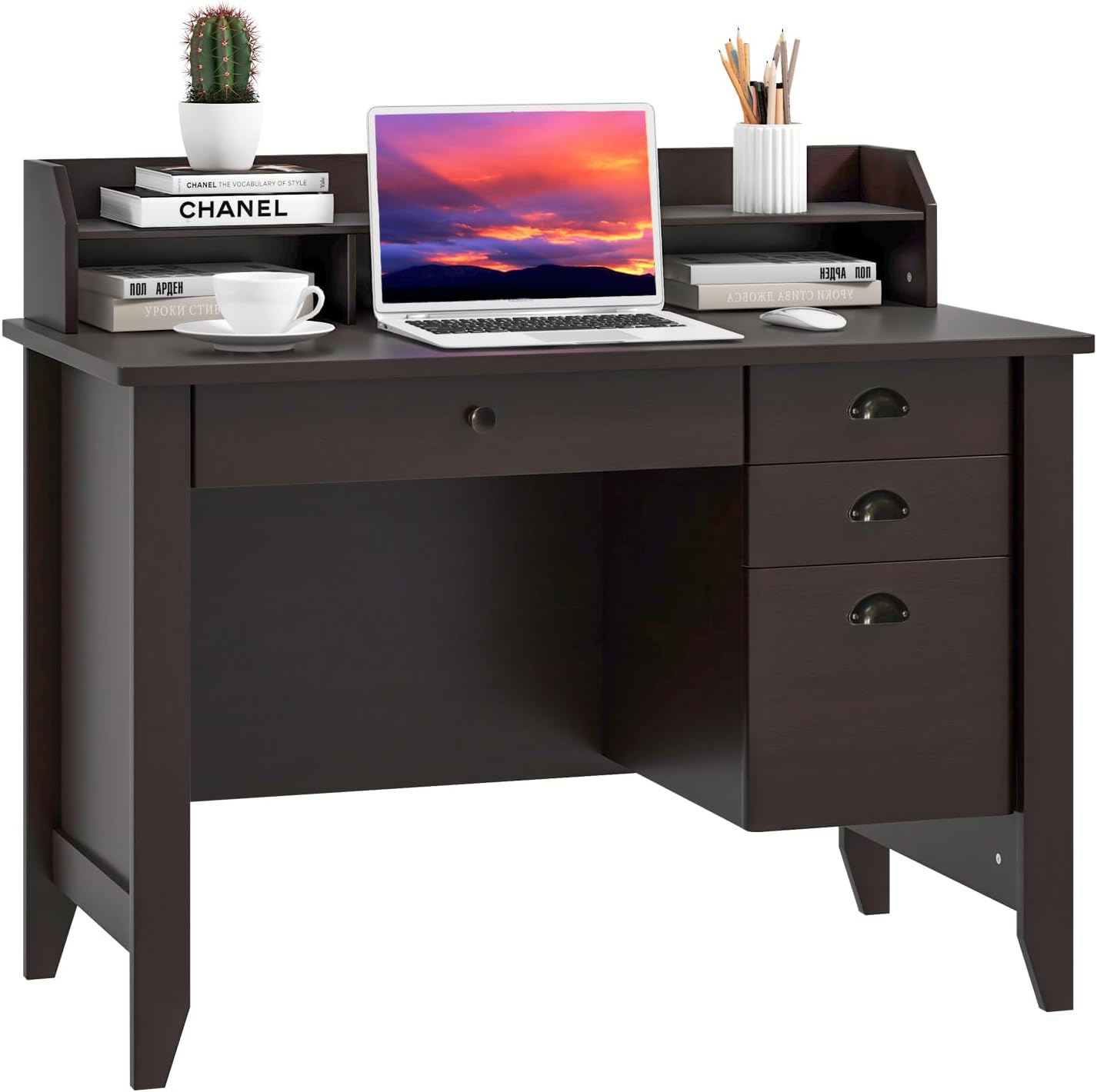 Amazon.com: Byroce Drawers Computer Desk with Hutch, Brown : Home & Kitchen