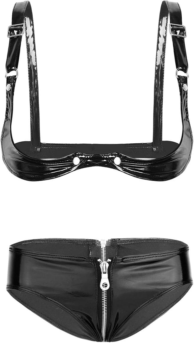 Kaerm Damen Wetlook Dessous-Set 2-TLG. Unterbrust BH Offene Brüste High ...