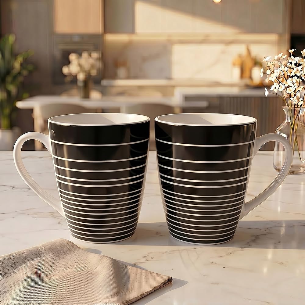 UPC Mug Set of 2 – Sleek Horizontal Fine Line Stripe Glossy Tea Cup ...