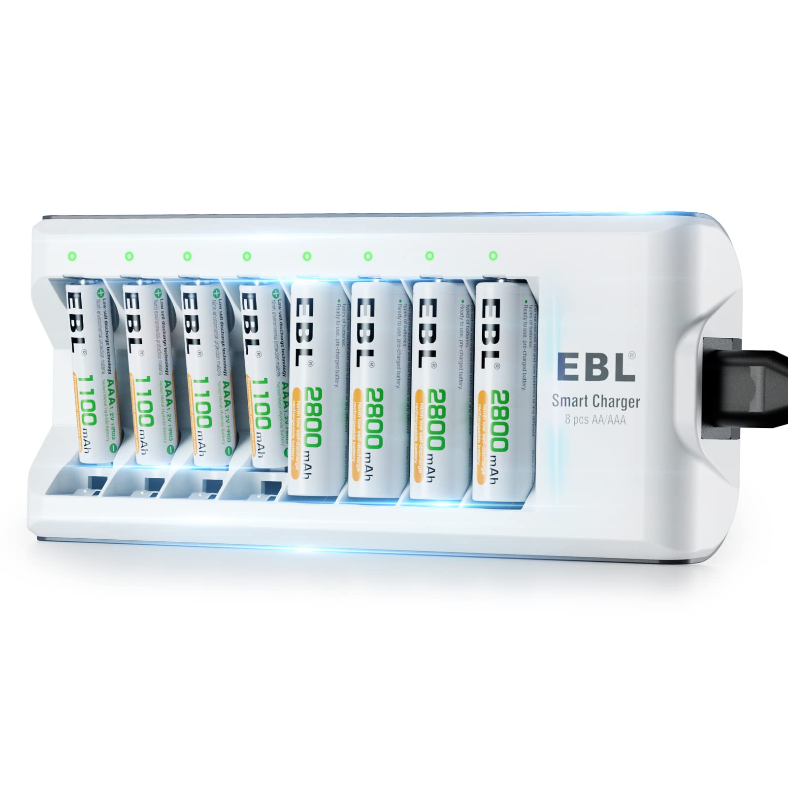 EBL Upgraded Battery Charger 8 Slots with 4 AA 4 AAA Batteries, Smart ...