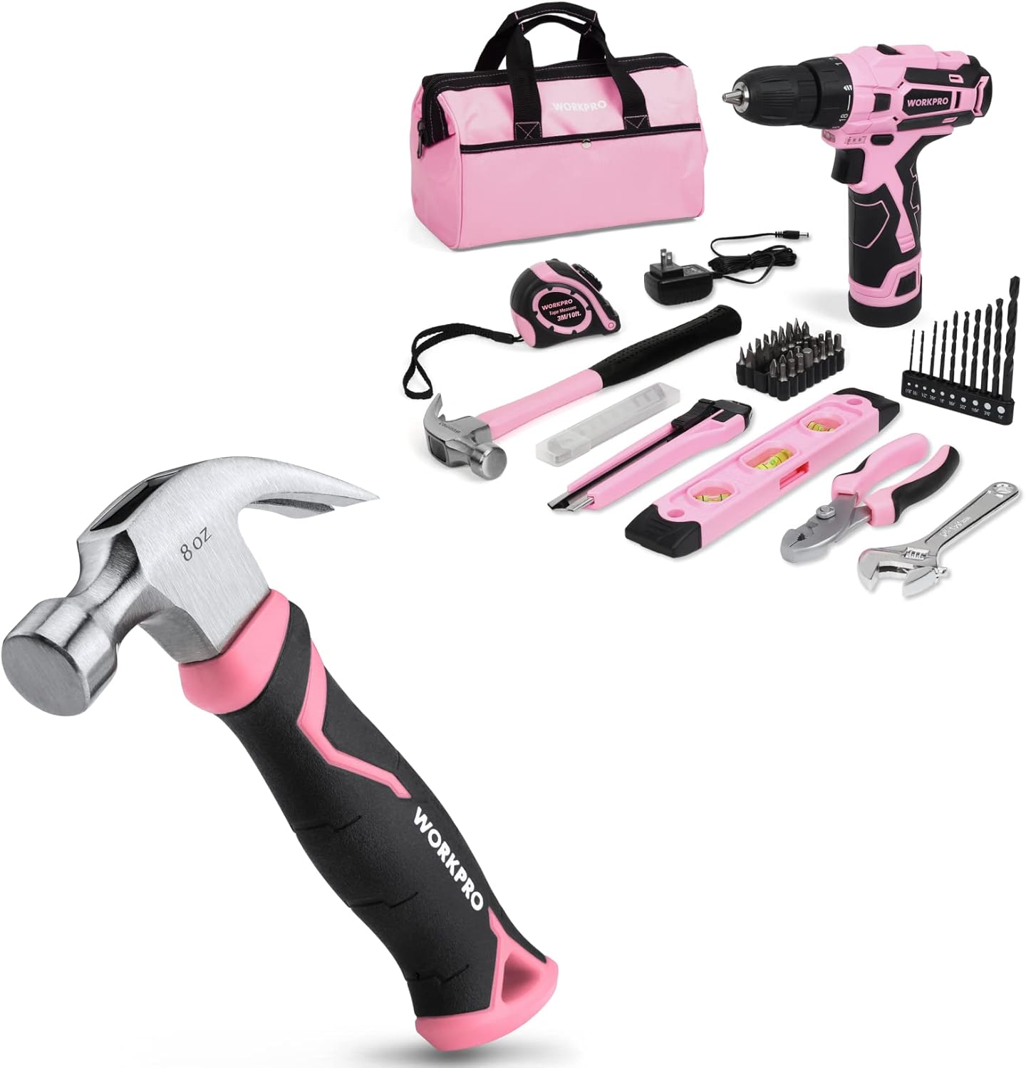 WORKPRO 12V Pink Cordless Drill Driver and Home Tool Kit+8 oz Stubby ...