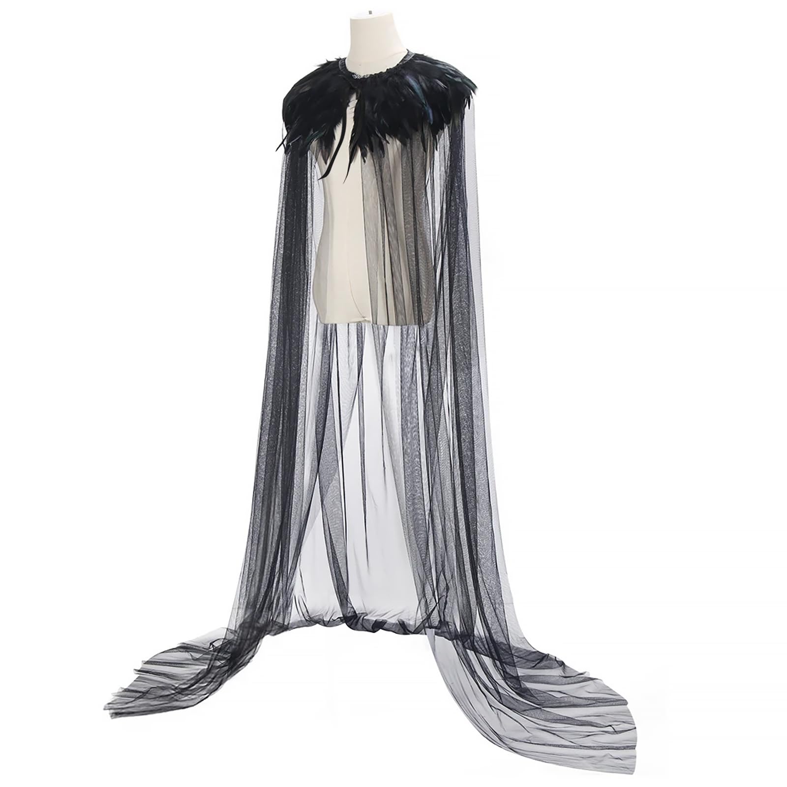 Gothic Feather Cloak Tulle Cape Shawls with Feather Shrug Collar Punk ...