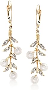 Amazon.com: Ross-Simons 5mm Cultured Pearl and Diamond Accent Leaf Drop Earrings in 14kt Yellow ...