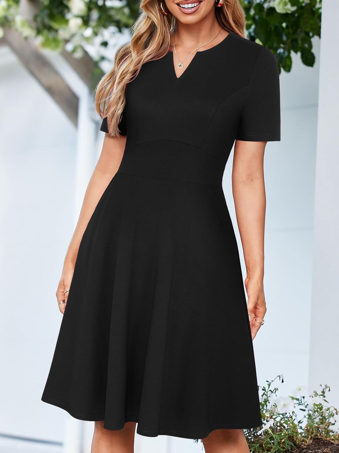 Sureple セミフォーマルドレス 女性用 ウェディング ゲスト 夏 Vネック 半袖 フィット フレア 膝丈ドレス ポケット付き
