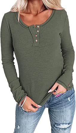 APOFER Womens Long Sleeve Henley Shirts Ribbed Knit Tops Scoop Neck ...