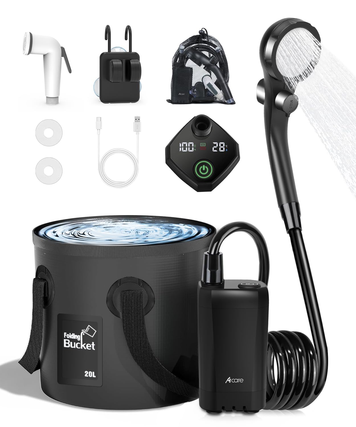 20L Foldable Bucket Portable Camping Shower With 20L Bucket - 6000mAh ...