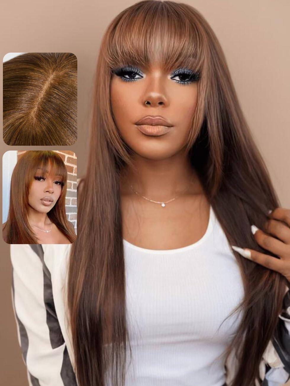 Amazon.com: UNICE Yaki Straight Human Hair Wigs with Bangs Brown ...