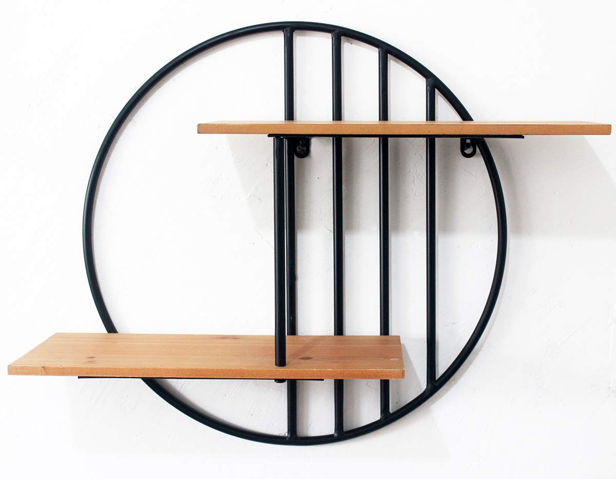 Rustic Wood and Metal Wall Mounted Floating Shelves Decorative Round ...