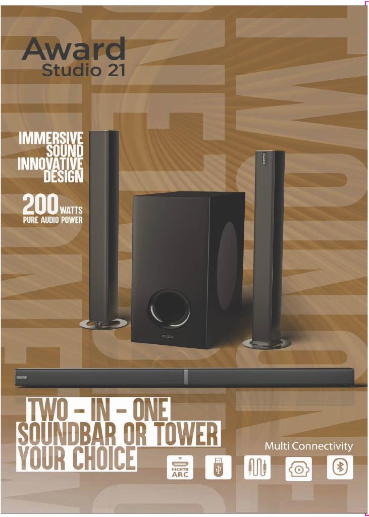 Award Studio 21-2.1 Convertible Soundbar with Subwoofer - Optical, HDMI(Arc), BT, USB, AUX - 200 ...