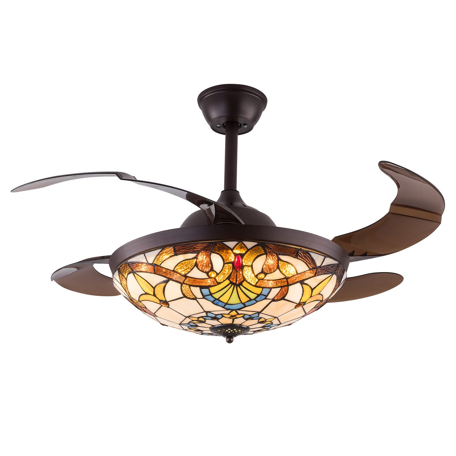 RustyVioum 42" Tiffany Retractable Ceiling Fan, 3 Color 3 Speed Tiffany ...