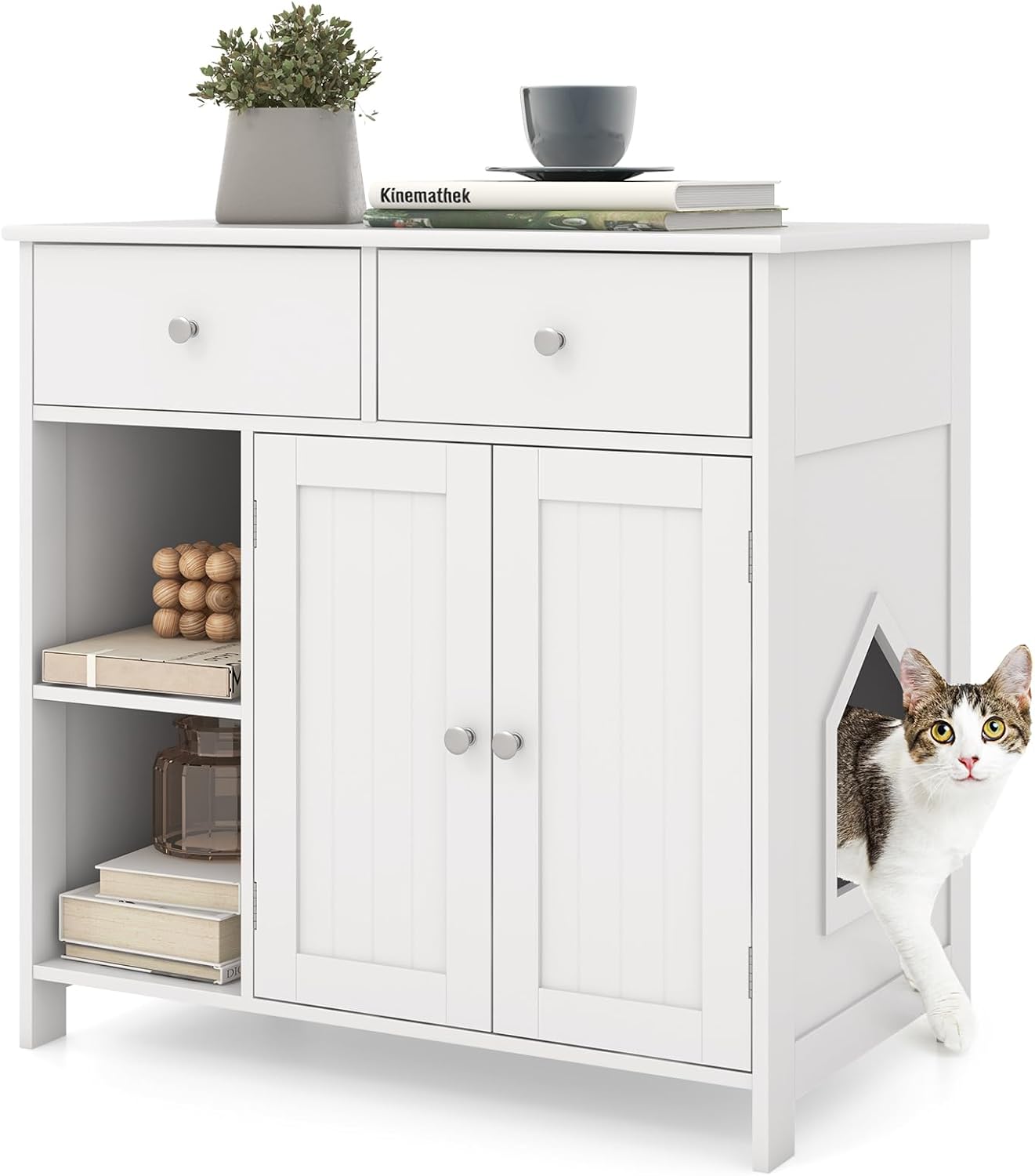 COSTWAY Cat Cabinet for Cat Litter Tray, Cat Litter Tray Cabinet with 2 ...