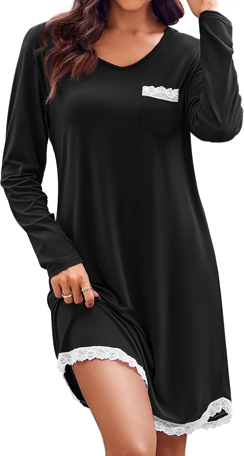 Ekouaer Womens Long Sleeve Nightgowns Sleep Shirts Night Shirts Night ...