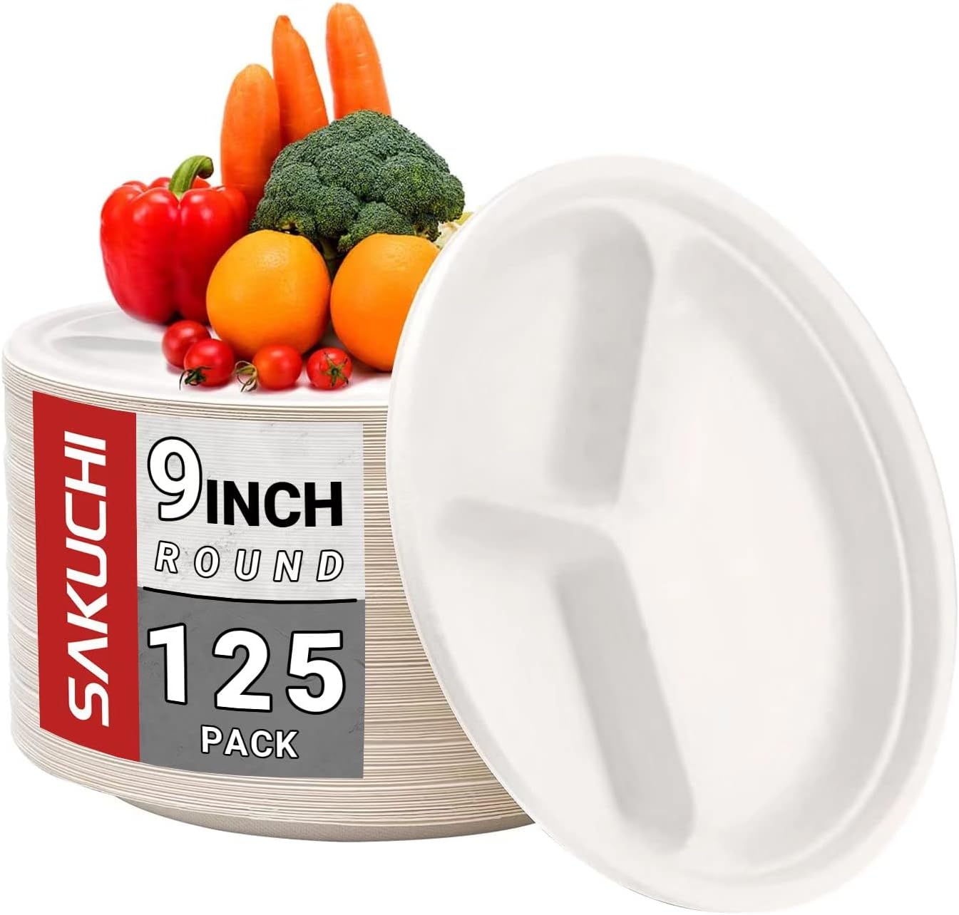 Amazon.com: Sakuchi Compartment Paper Plates 9 inch 125 Pack, Heavy ...