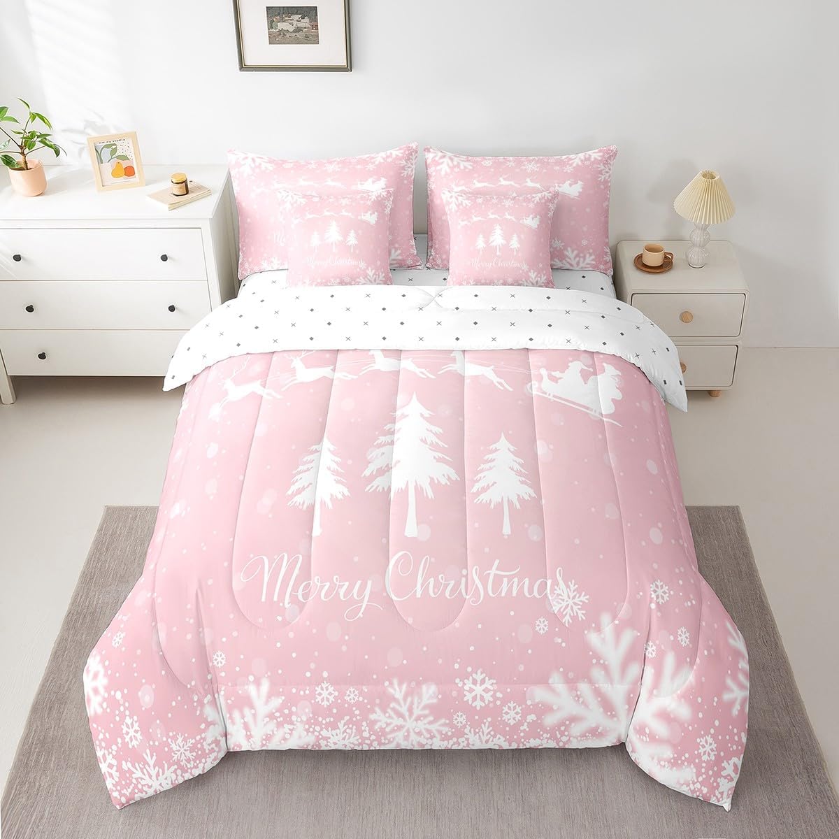 Amazon.com: Feelyou Pink Christmas Comforter Set Merry Christmas Tree ...