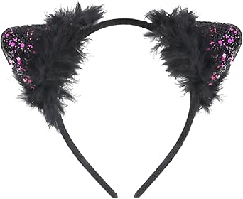 WHAVEL Cute Sequin Fox Ears Headband - Black Fur Plush Cat Ears at ...