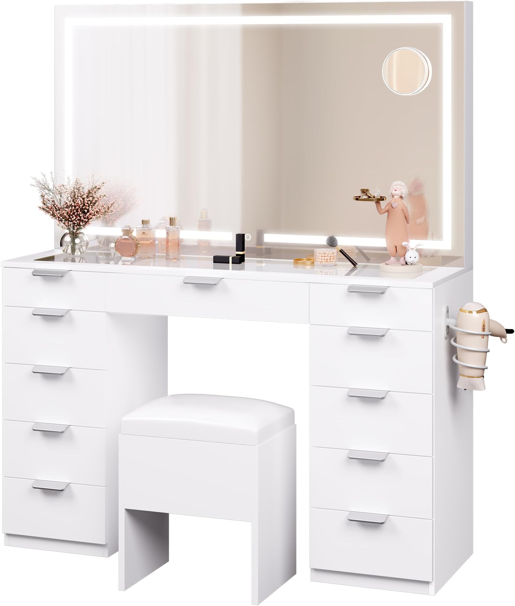 YITAHOME Dressing Table & stool set,Vanity Desk w/ 3-Color LED Lights ...