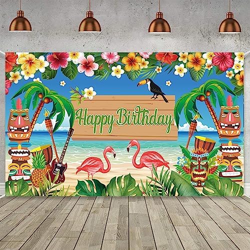 Amazon.com : KYMY Large Hawaiian Luau Happy Birthday Backdrop Banner ...