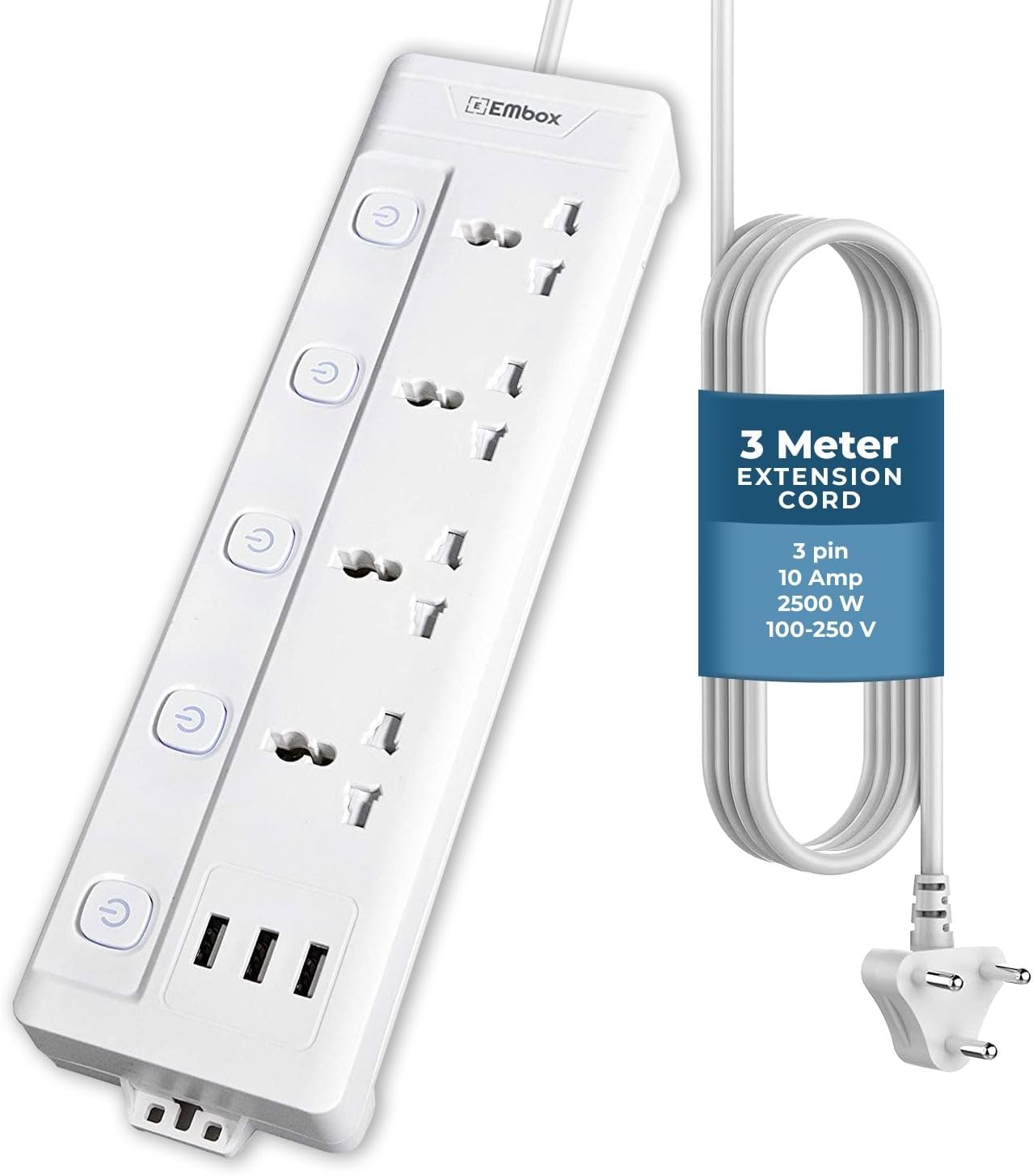 Buy Embox 5 Meter Extension Board with USB & Master Switch-6A Spike ...