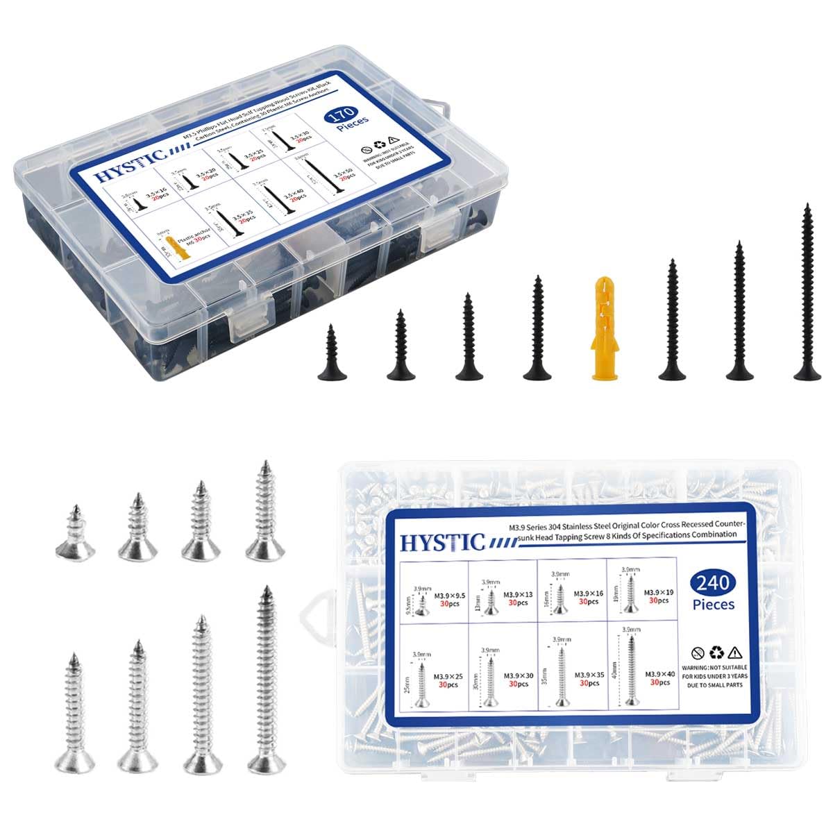 HYSTIC 170Pcs M3.5 Cross Flat Head Self Tapping Wood Screw Kit+240Pcs M3.9 Series 304 Stainless ...
