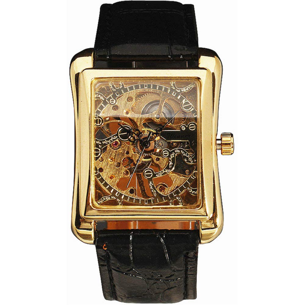 Winner Watches Men Gold Luxury Rectangle Clock Leather Hand Wind ...