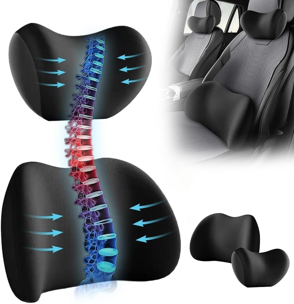 Car Lumbar Support Pillow and Car Neck Pillow Kit, Memory Foam ...