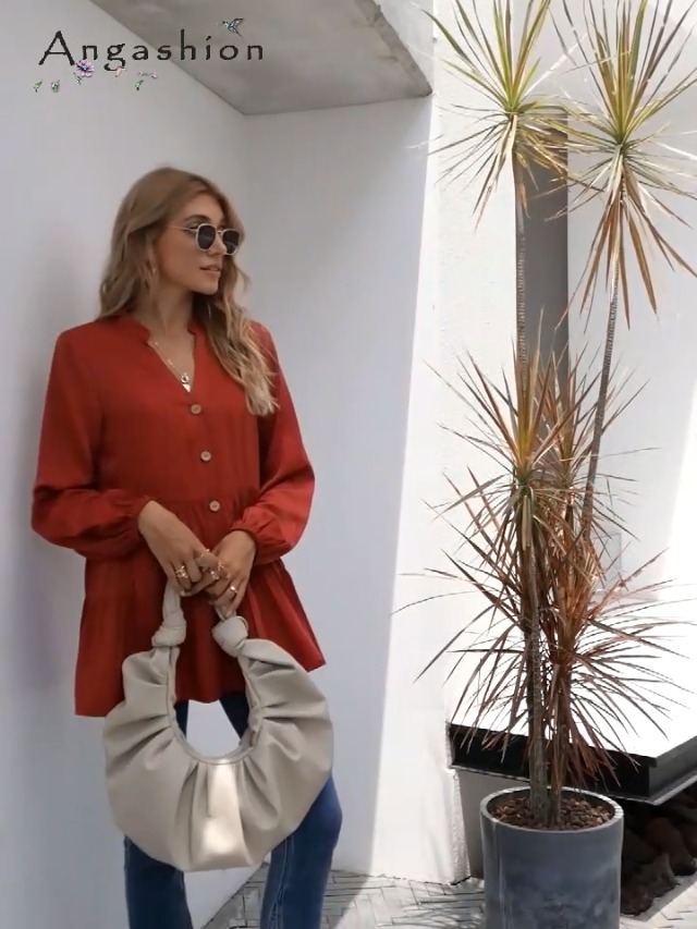 Watch Model Video-Rust Red Blouses for Women Button Down Top on Amazon Live