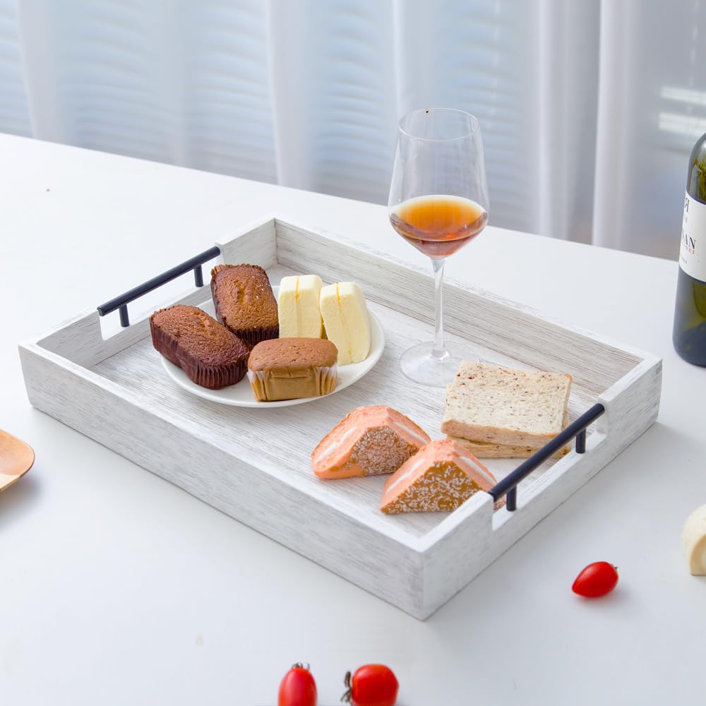 MornHalo Extra Large Acacia Wooden Serving Tray with Metal Handles ...