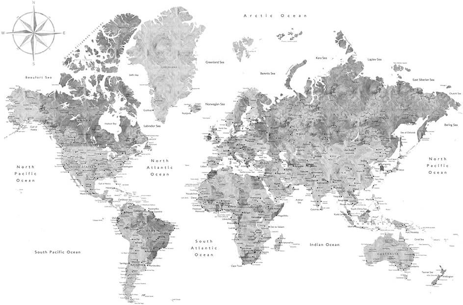 Amazon.com: Grayscale watercolor world map with cities Rylan Poster ...