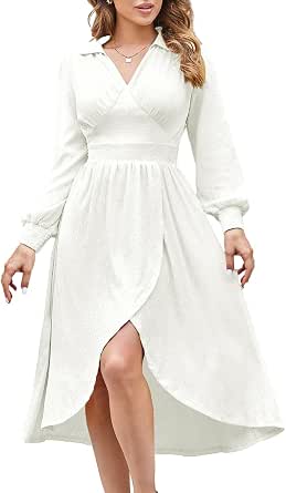 SEBOWEL Women V Neck Long Sleeve Shirt Dress Casual Maxi A Line Swing ...