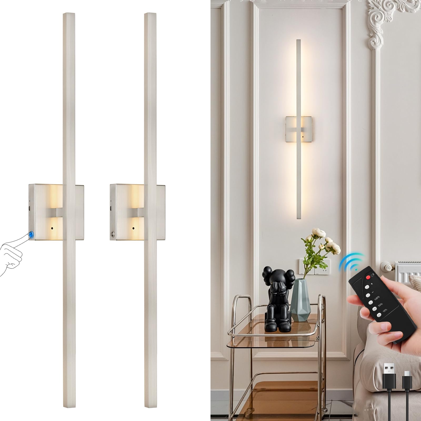 Battery Operated Wall Sconces with Remote Control, Dimmable Sand Nickel ...