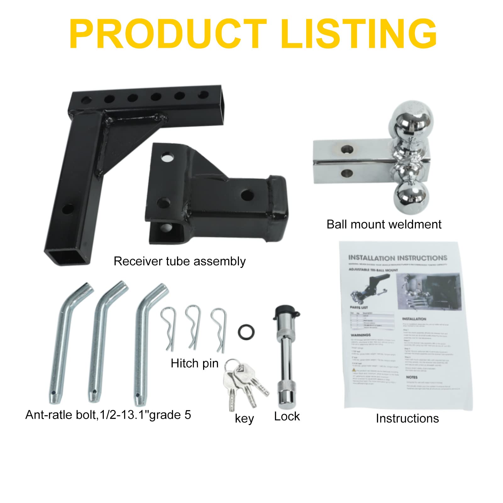 Tri-Ball Adjustable Trailer Hitch – Fits 2-inch Receiver, 5.70-inch ...